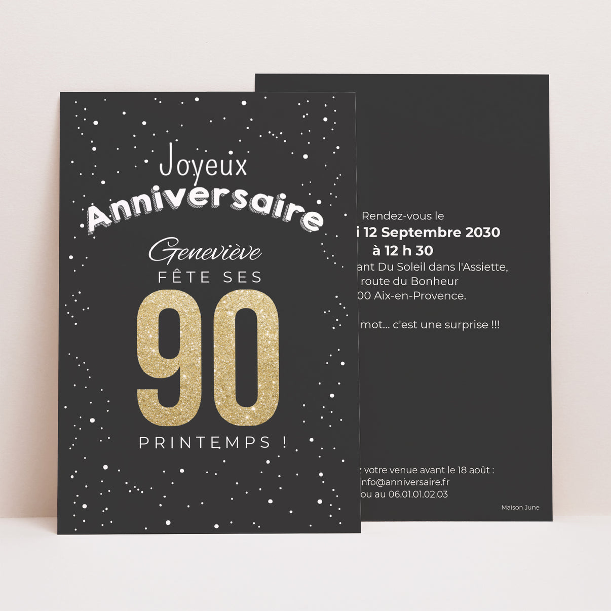 Invitations Anniversaire Adulte Portrait 90 ans dorés – Maison June