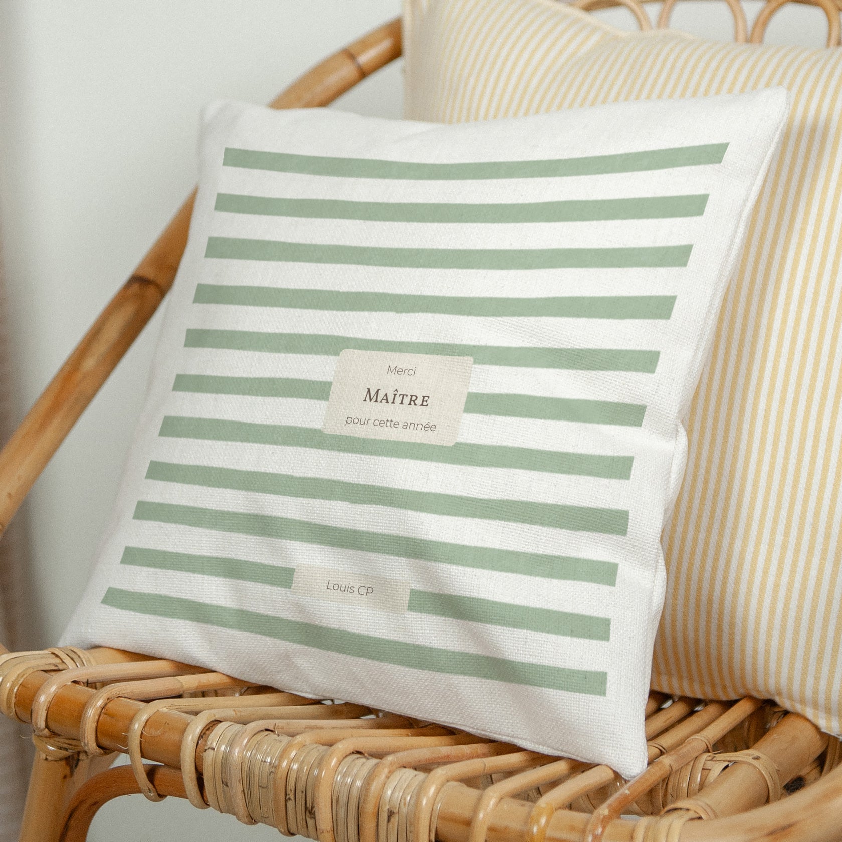 Coussin Objets Beige naturel Rayures d’écolier, Vert – Maison June
