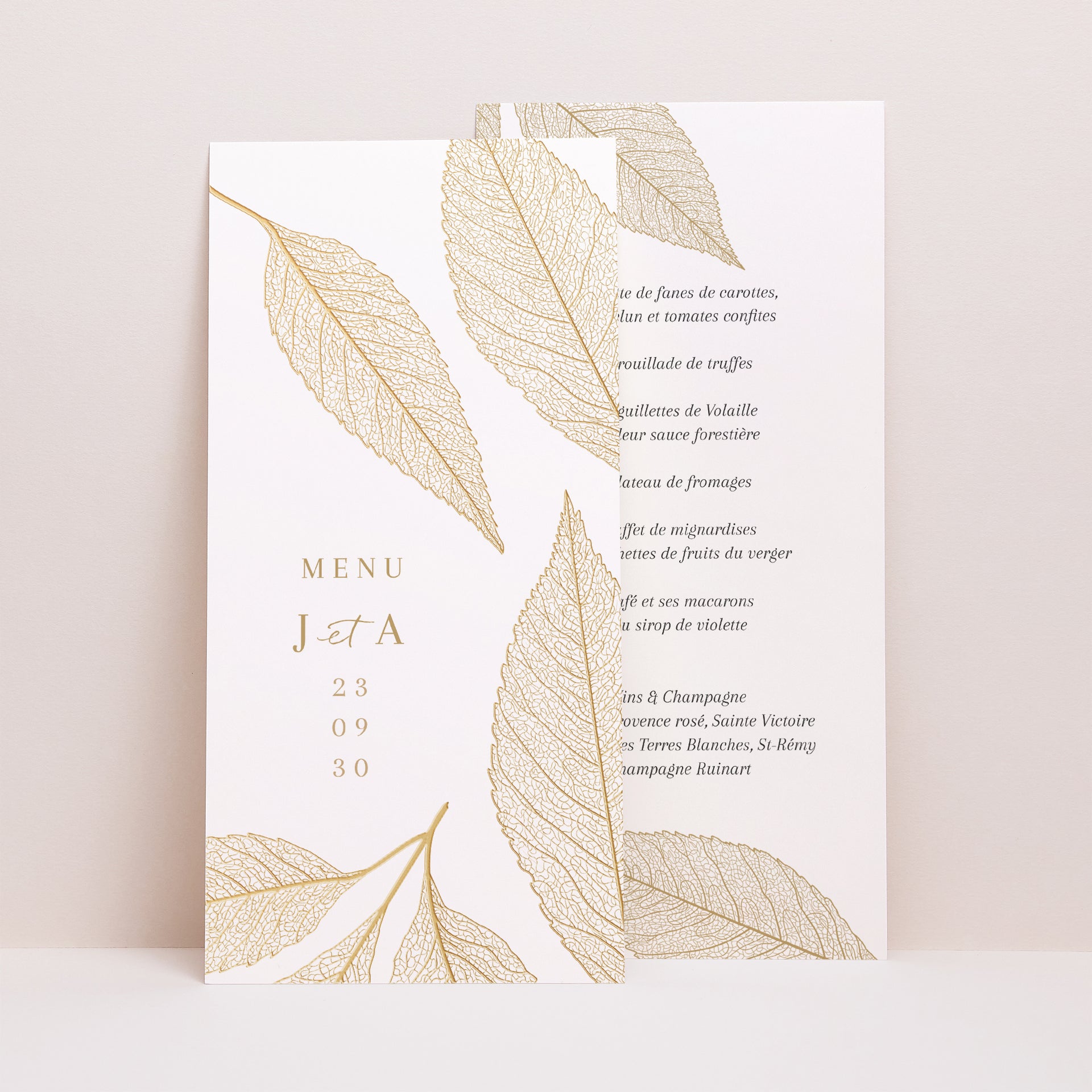 Menu Mariage Panoramique portrait feuilles dorées – Maison June