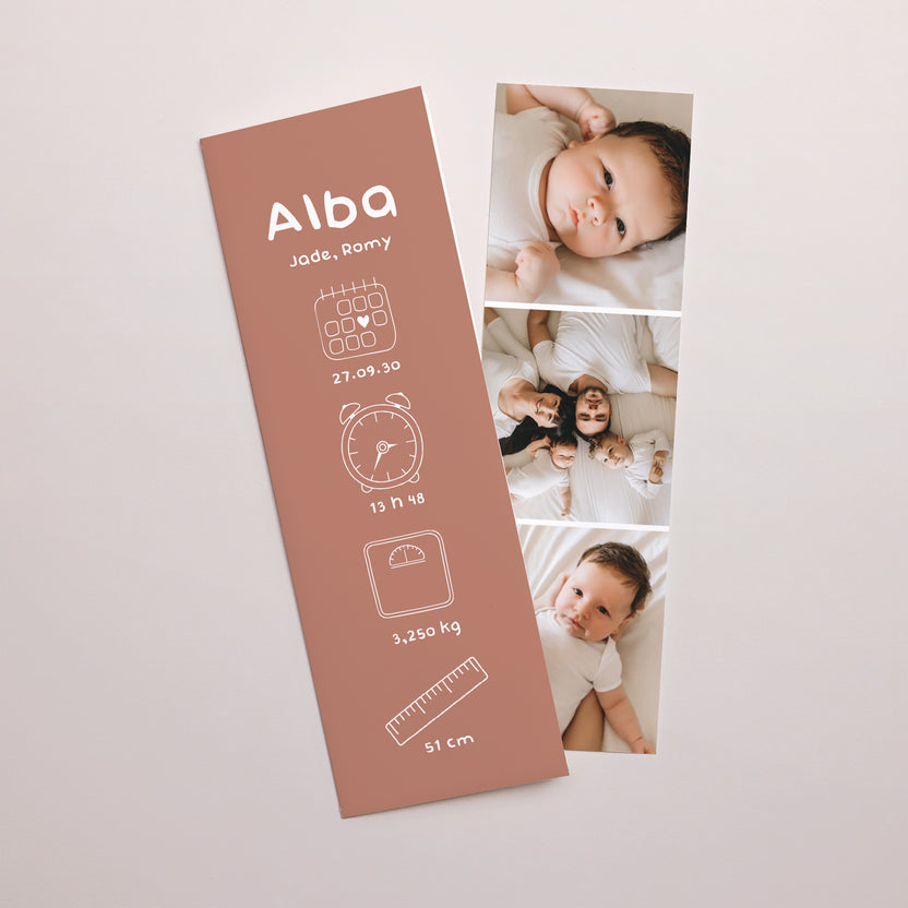 Faire part Naissance Marque-page photo Pictos Terracotta – Maison June